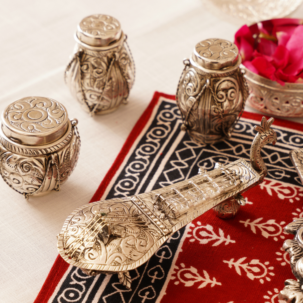 Decorative Silver Carving Tabla Set | Handcrafted Musical Showpiece fo