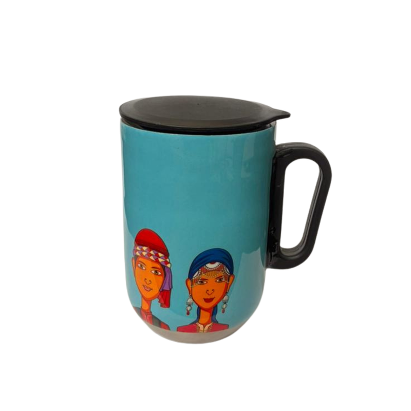 Designer Stainless Steel Vacuum Mug with Indian Cultural Art