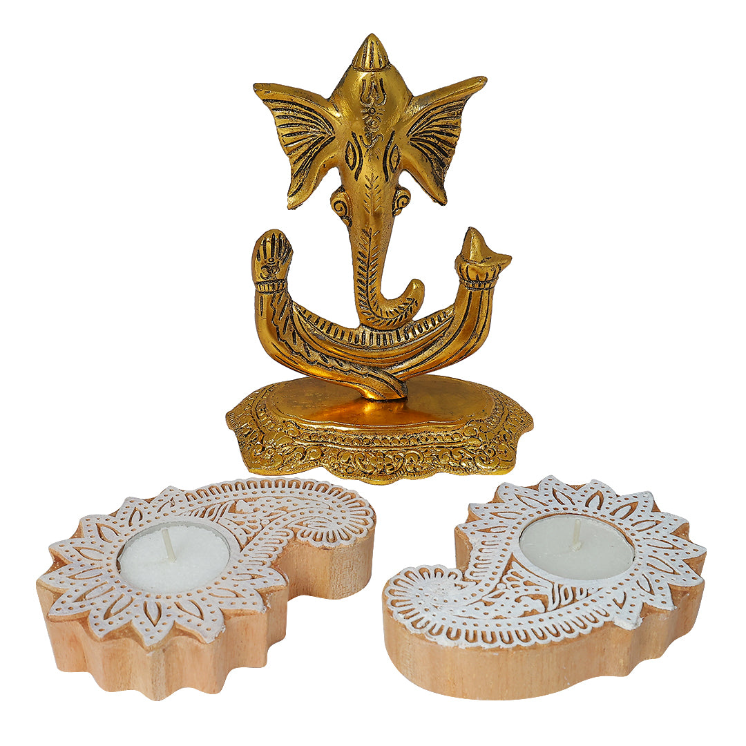 Diwali Gift Box - Trishul Ganesh & Wooden Diya Combo