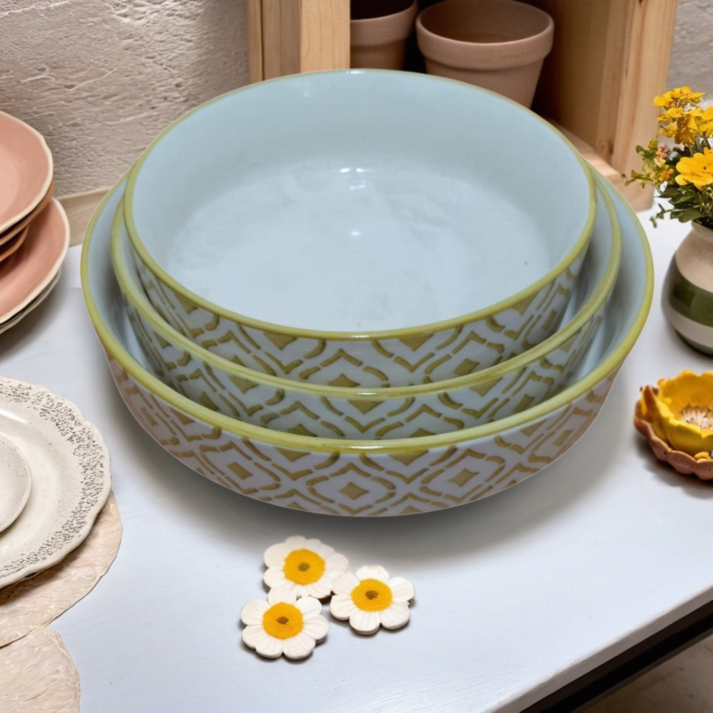 Geometric Pattern Handmade Ceramic Salad Bowl Set | Salad Plate - Serv