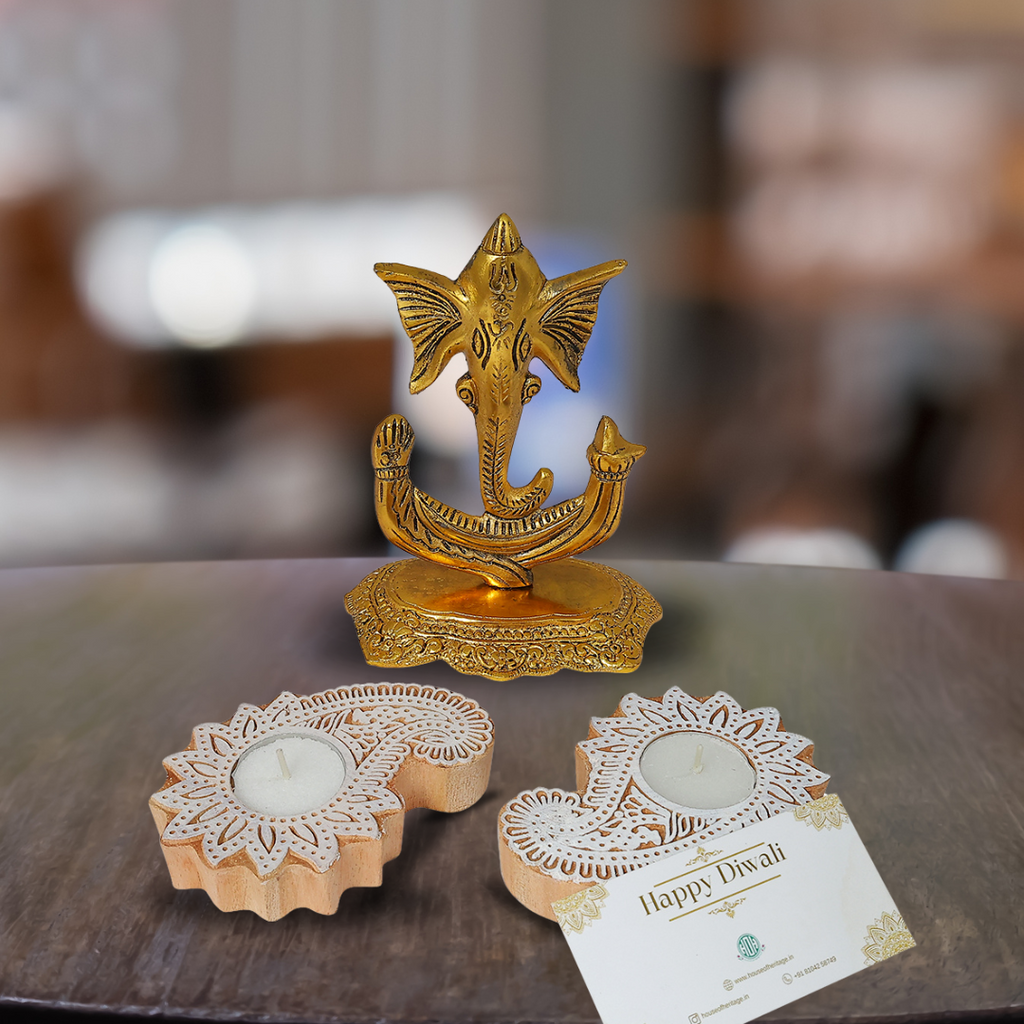 Diwali Gift Box - Trishul Ganesh & Wooden Diya Combo